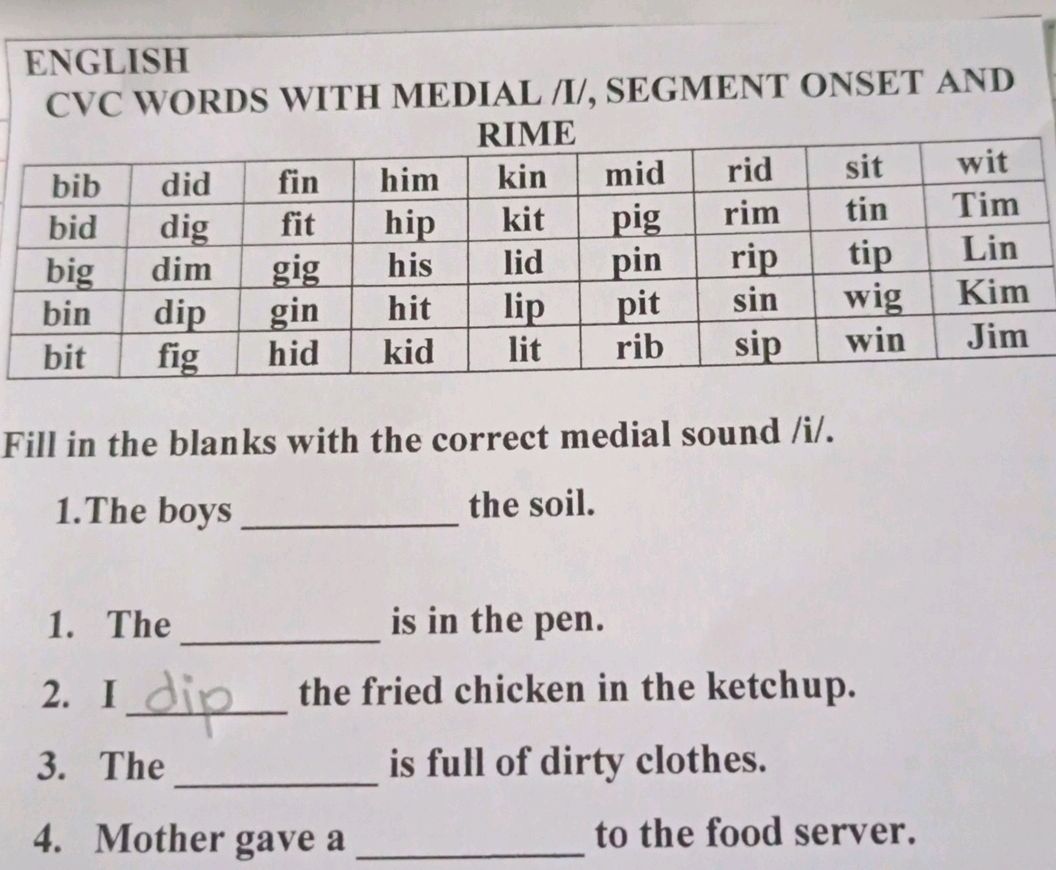 CVC WORDS WITH MEDIAL /I/, SEGMENT ONSET AND | StudyX