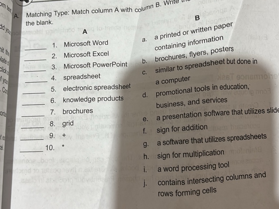 Matching Type: Match column A with column B. | StudyX