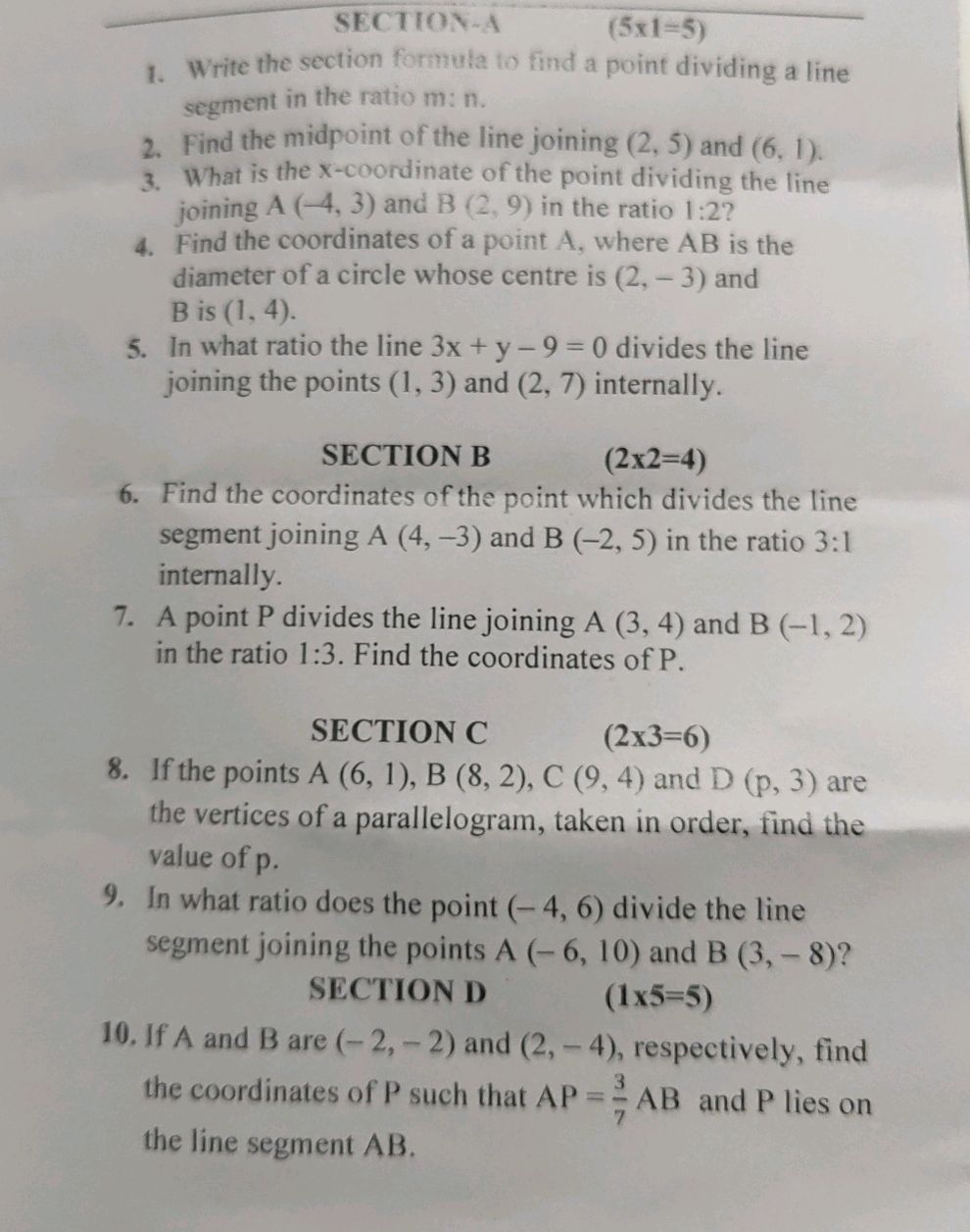 1. Write the section formula to find a point | StudyX