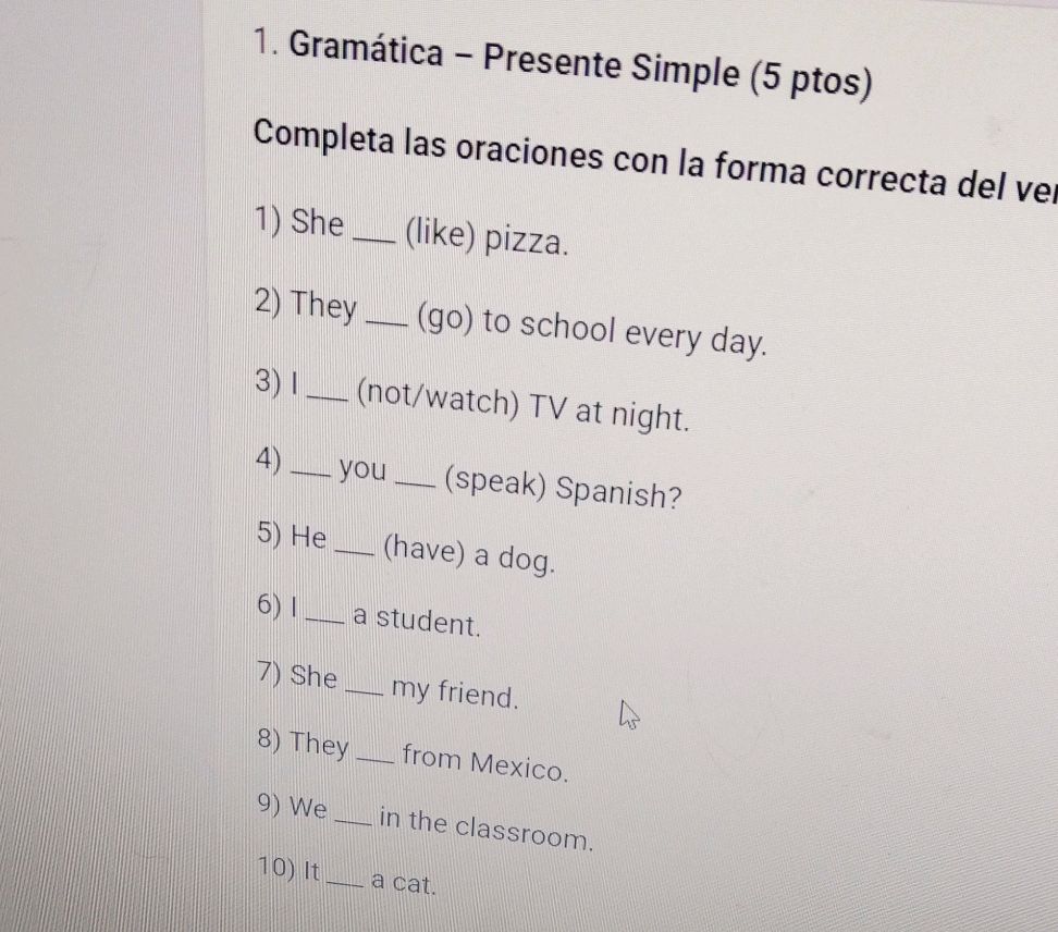 1. Gramática - Presente Simple (5 ptos) | StudyX