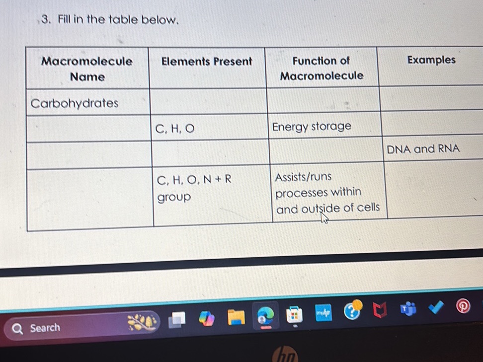 Fill in the table below. | Macromolecule
