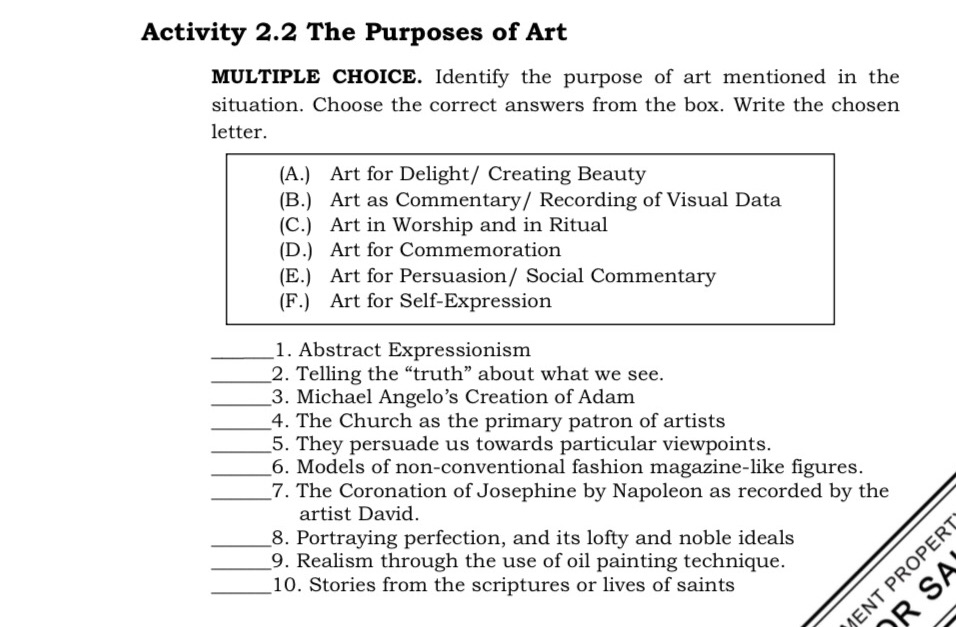 MULTIPLE CHOICE. Identify the purpose of art | StudyX
