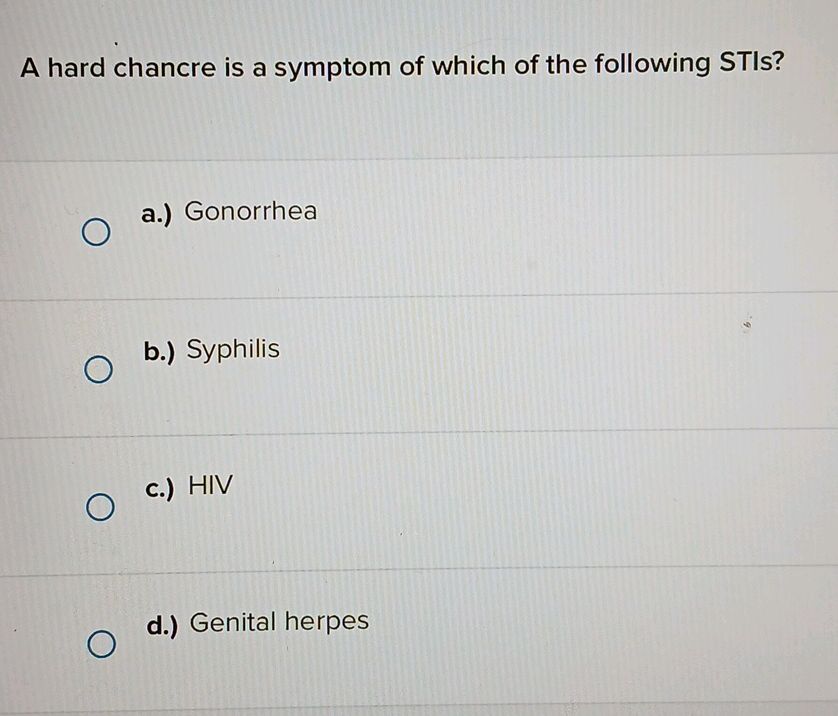 A hard chancre is a symptom of which of the | StudyX