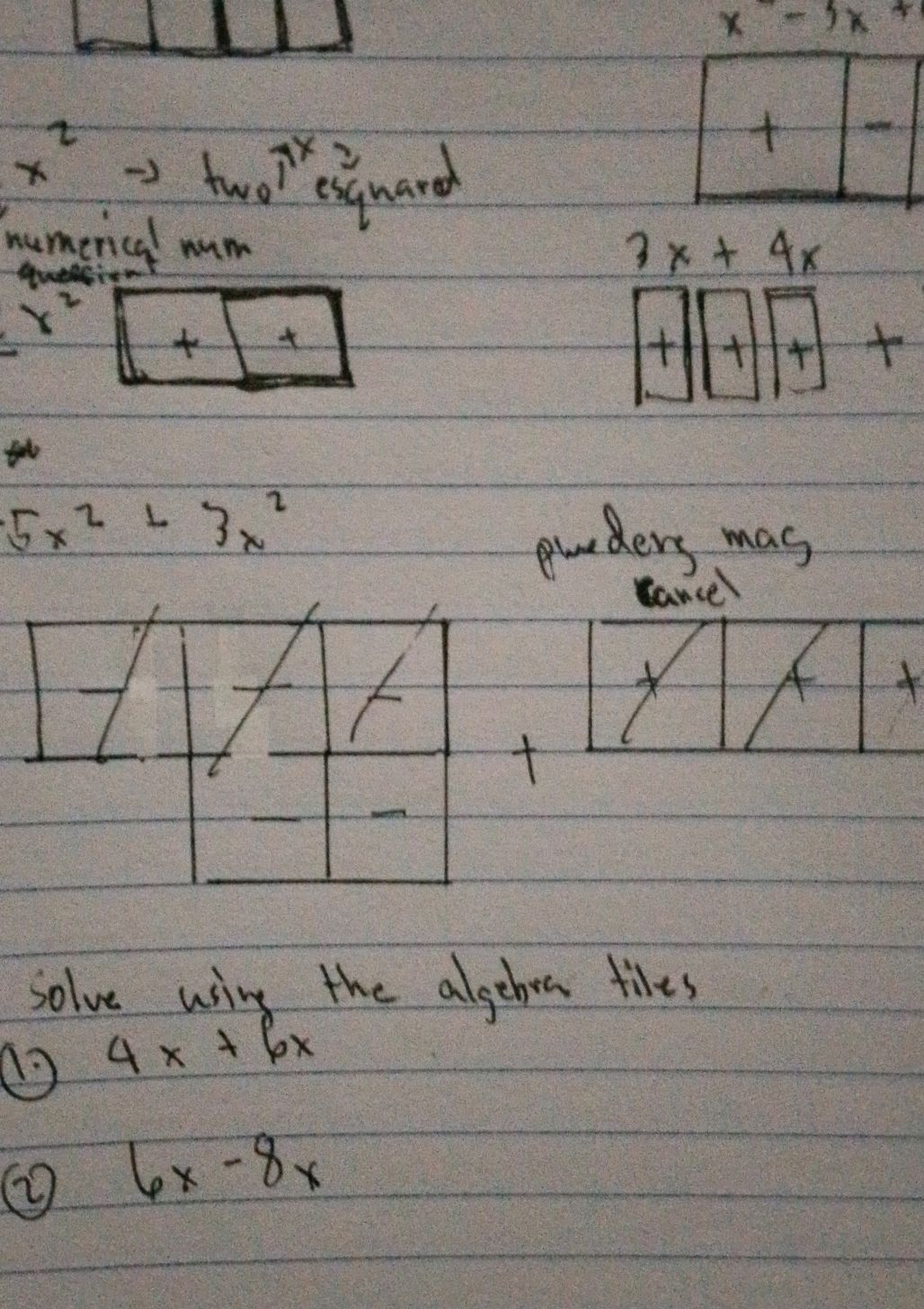 Solve using the algebra tiles 1) 4x + 6x 2) | StudyX