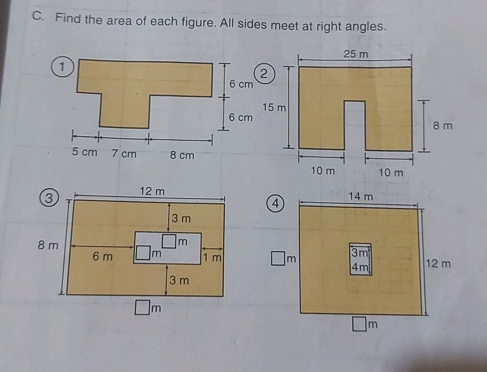 C. Find the area of each figure. All sides