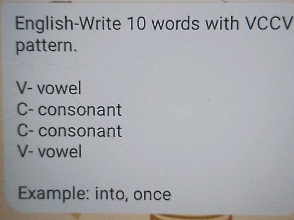 English-Write 10 words with VCCV pattern. | StudyX
