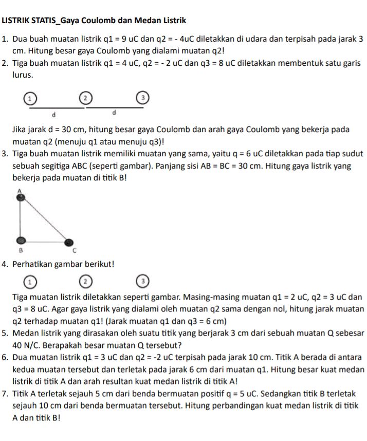 1. Dua buah muatan listrik $q_1 = 9 \ uC$ | StudyX