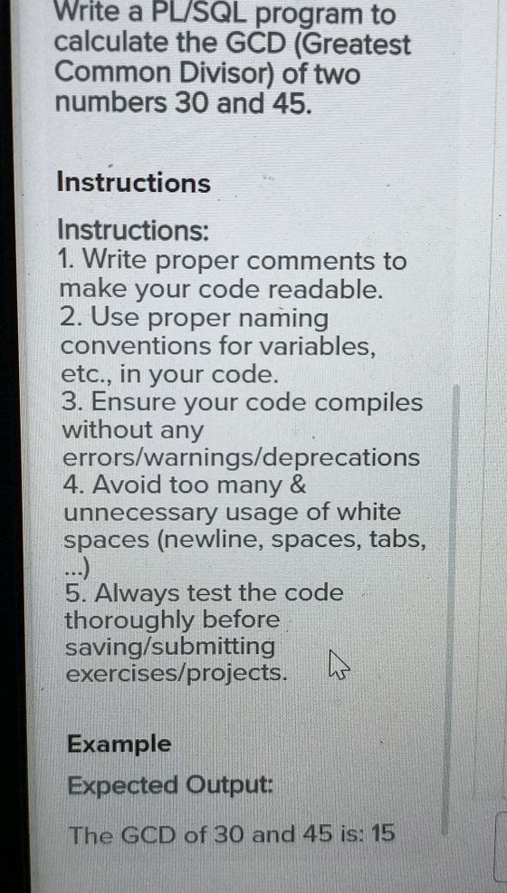 Write a PL/SQL program to calculate the GCD | StudyX
