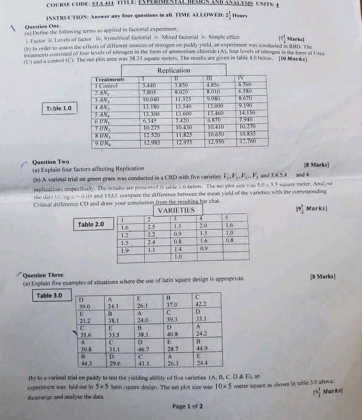 COURSE CODE: STA 414 TITLE: EXPERIMENIAL | StudyX