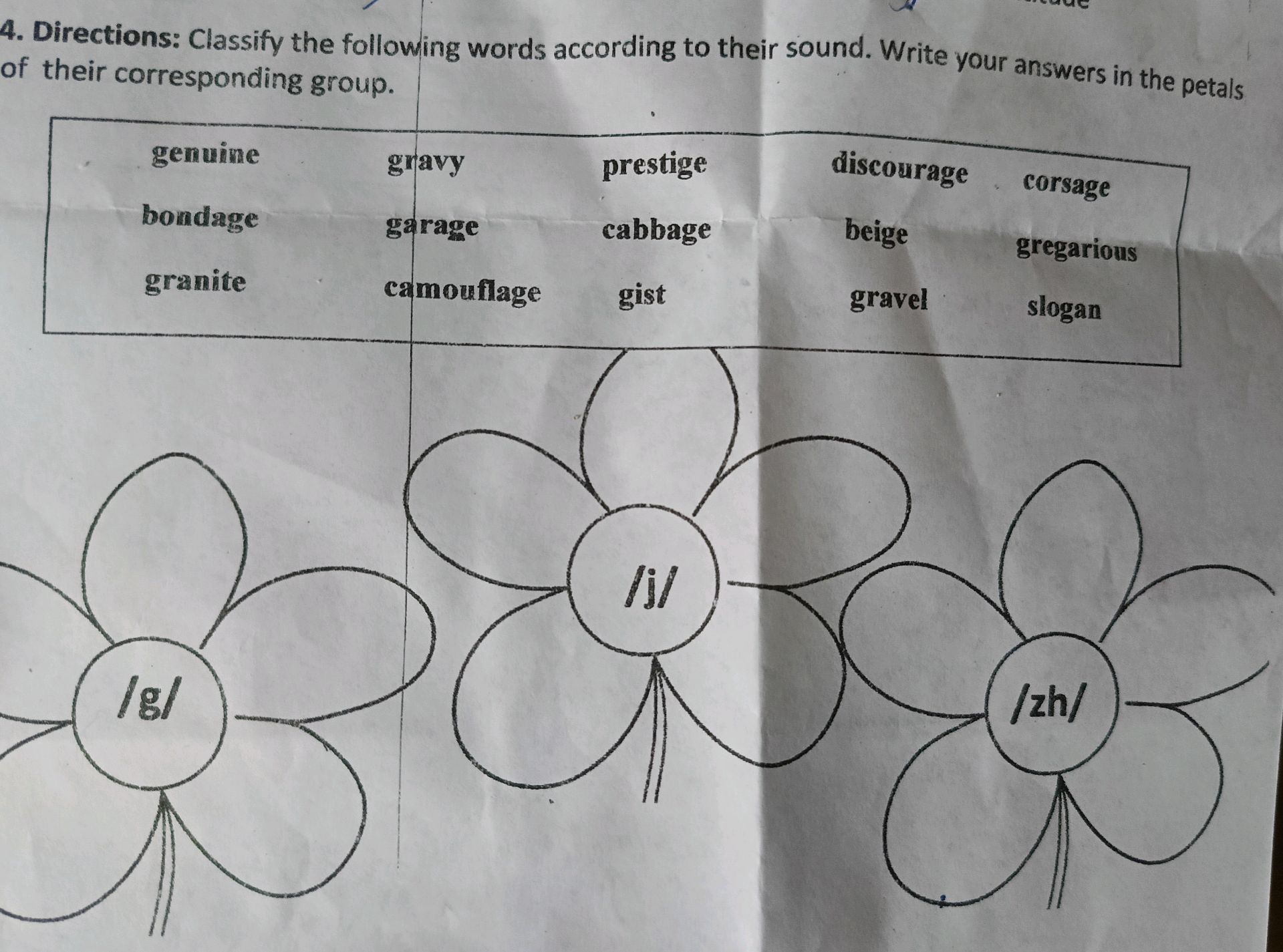 4. Directions: Classify the following words | StudyX