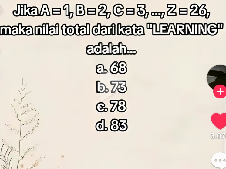 Jika A = 1, B = 2, C = 3, ..., Z = 26, maka | StudyX