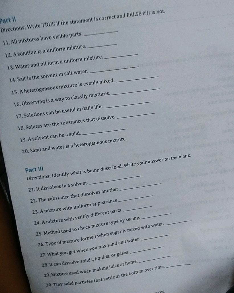 Part II Directions: Write TRUE if the