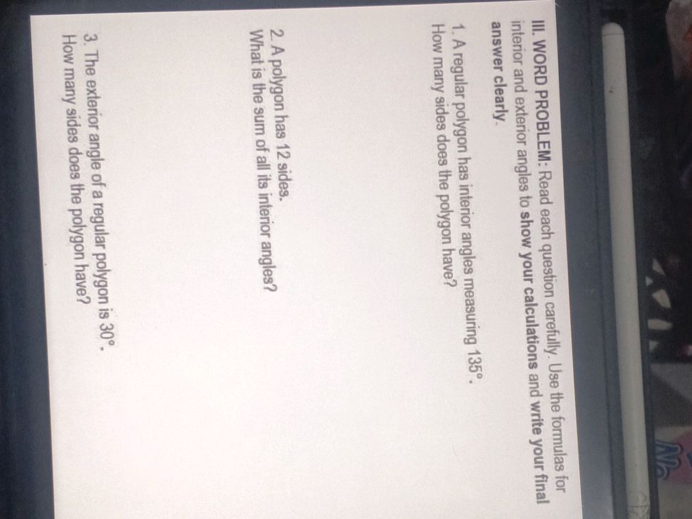 III. WORD PROBLEM: Read each question | StudyX