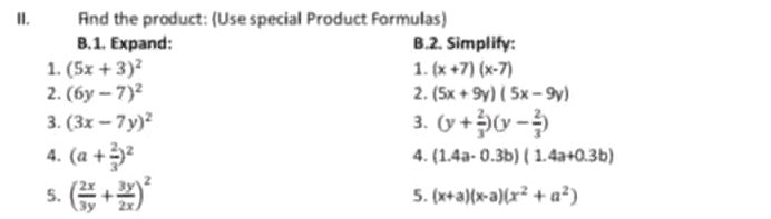 II. Find the product: (Use special Product | StudyX