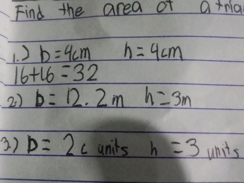 Find the area of a triangle. 1.) b=4cm | StudyX