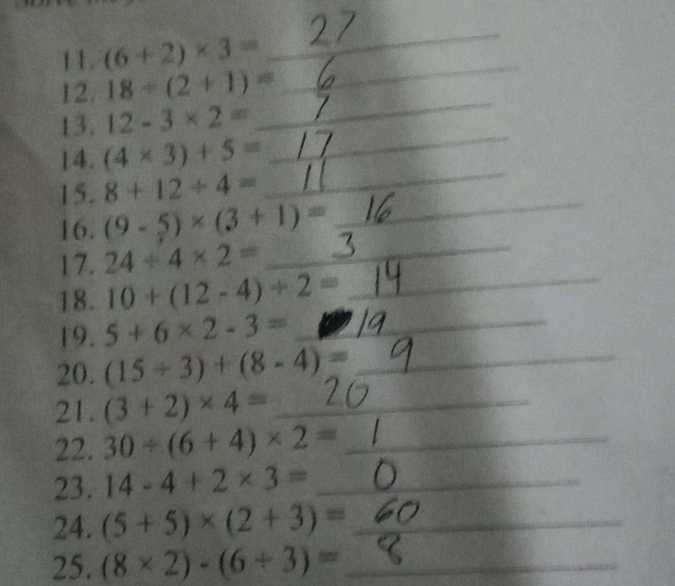 (6 + 2) × 3 = 27 12. 18 + (2 + 1) = 6 13. 12