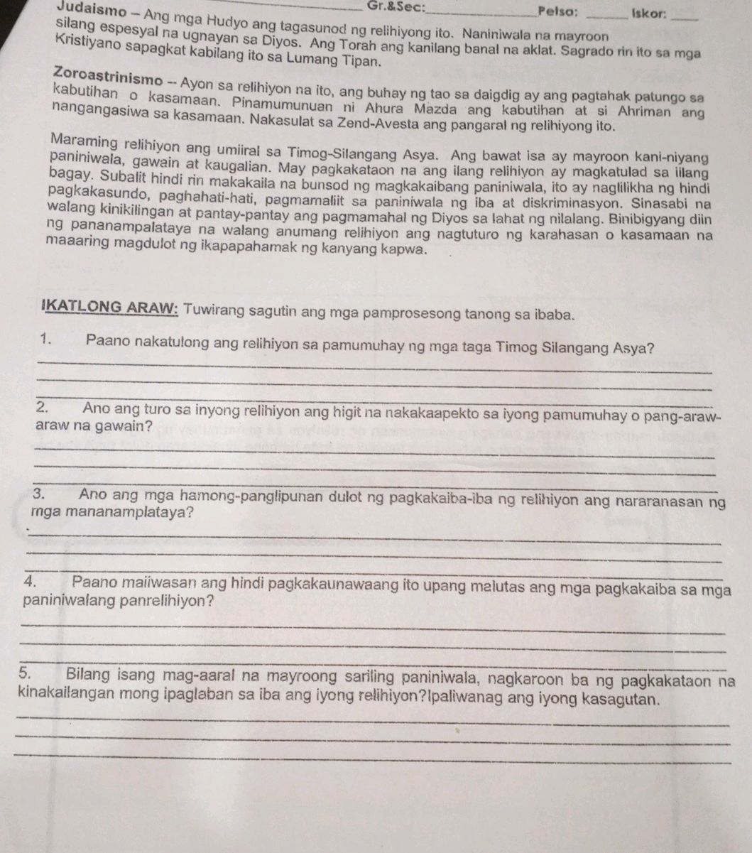 IKATLONG ARAW: Tuwirang sagutin ang mga | StudyX