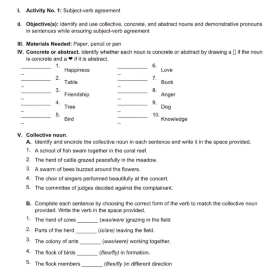 I. Activity No. 1: Subject-verb agreement | StudyX