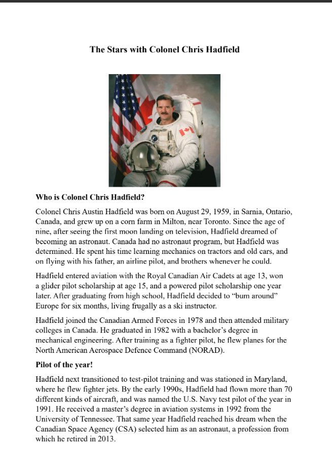 The Stars with Colonel Chris Hadfield Who is