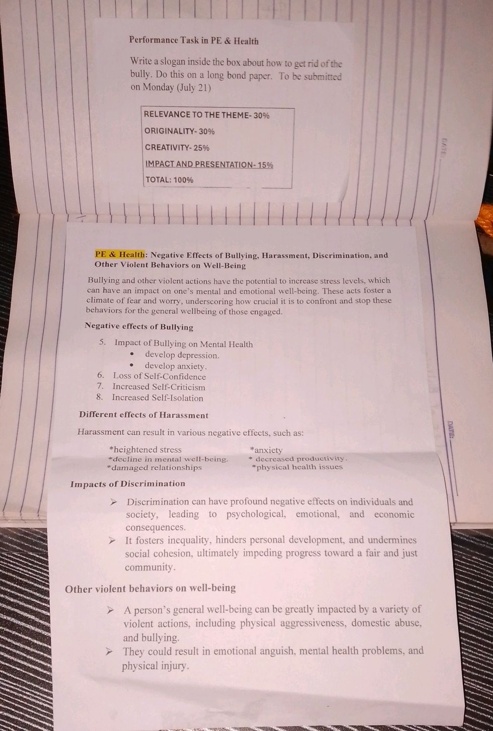 Performance Task in PE Health Write a slogan