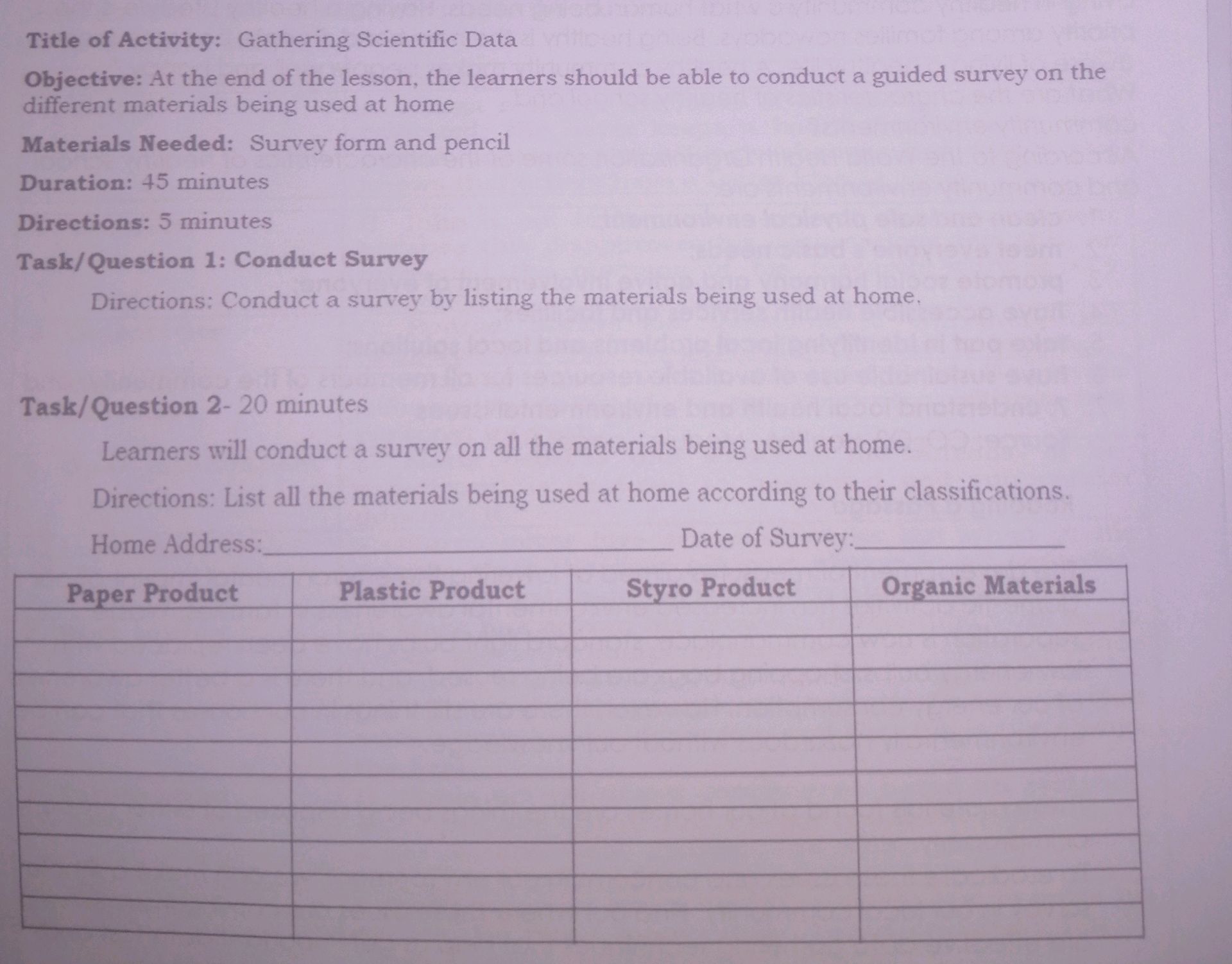 Title of Activity: Gathering Scientific Data