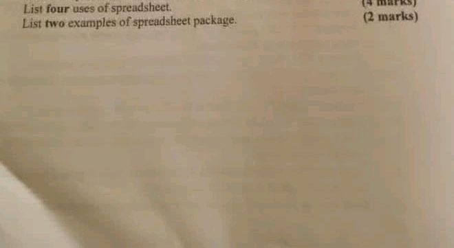List four uses of spreadsheet. List two