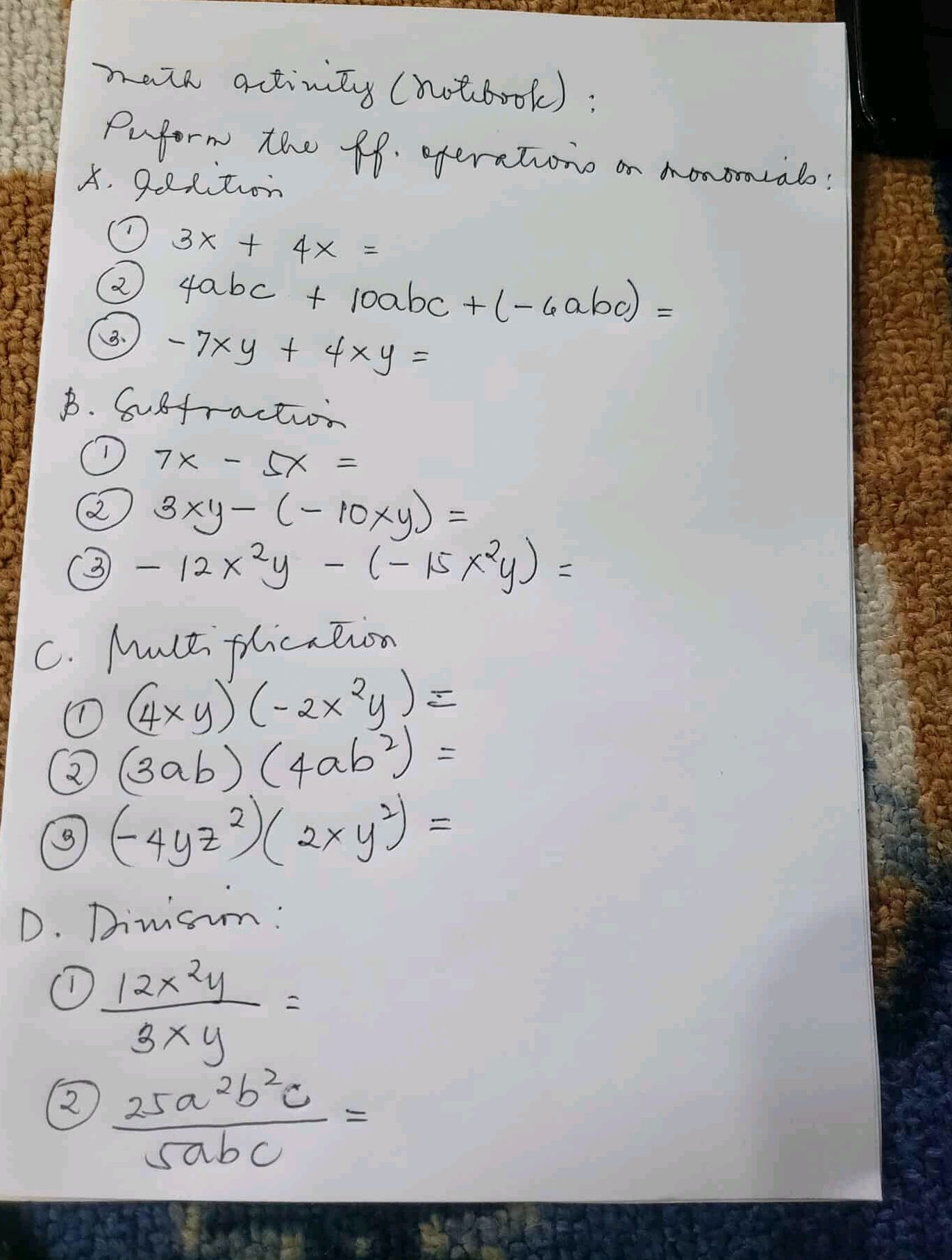 Math activity (Notebook): Perform the ff. | StudyX