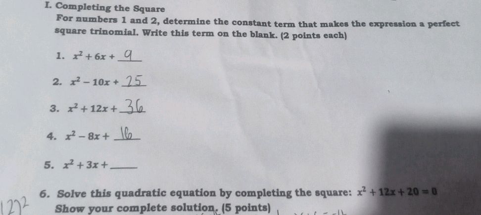 I. Completing the Square For numbers 1 and | StudyX