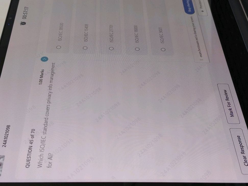 QUESTION 45 of 70 1.00 Marks Which ISO/IEC | StudyX