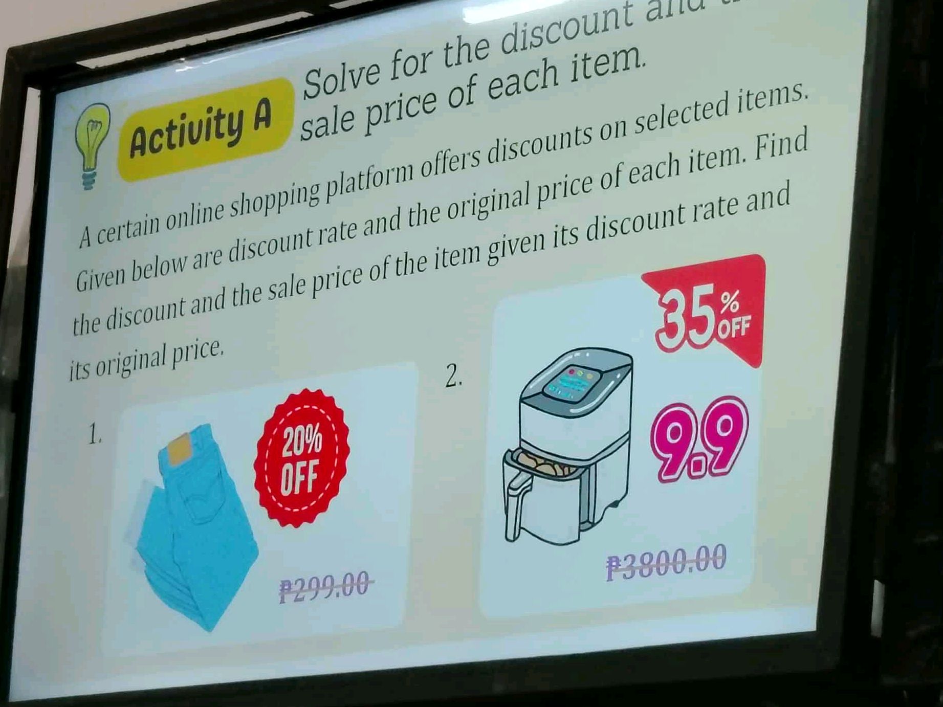 Solve for the discount and sale price of