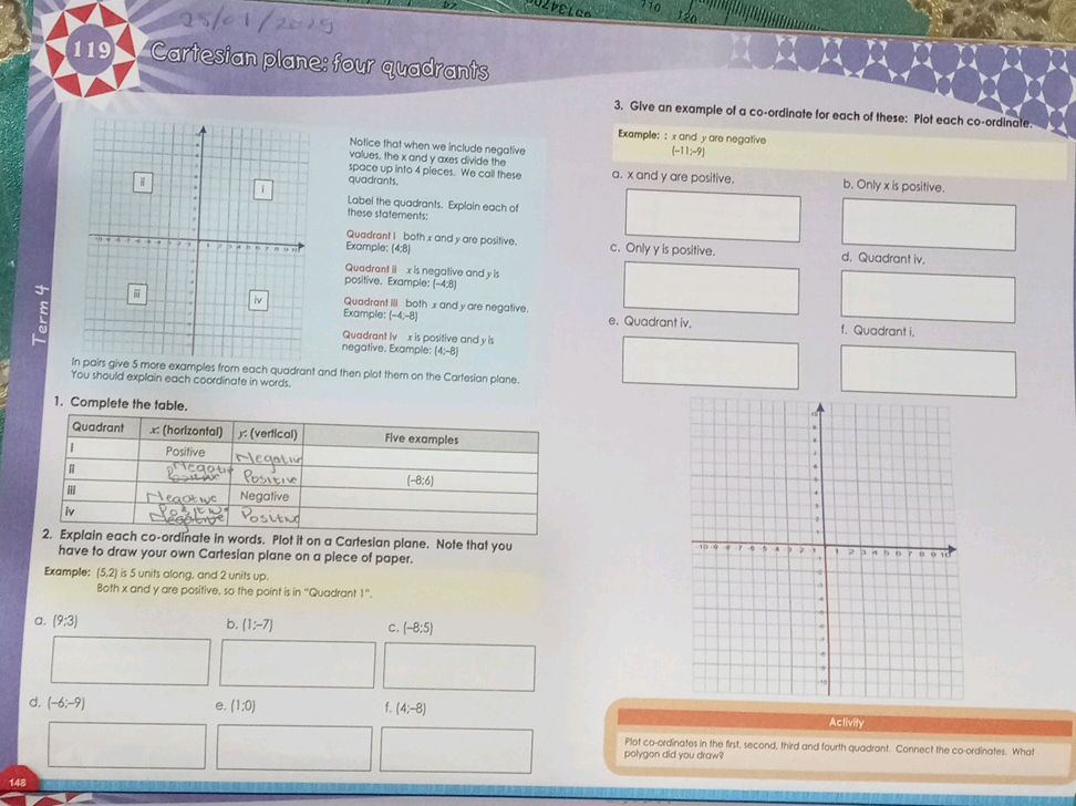 1. Complete the table. | Quadrant | x | StudyX
