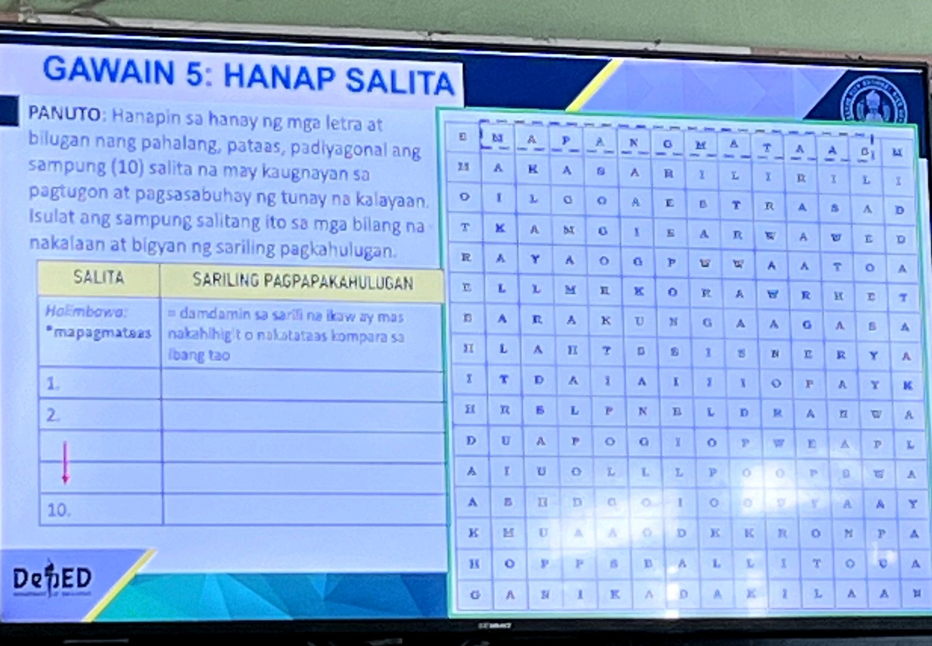 GAWAIN 5: HANAP SALITA PANUTO: Hanapin sa