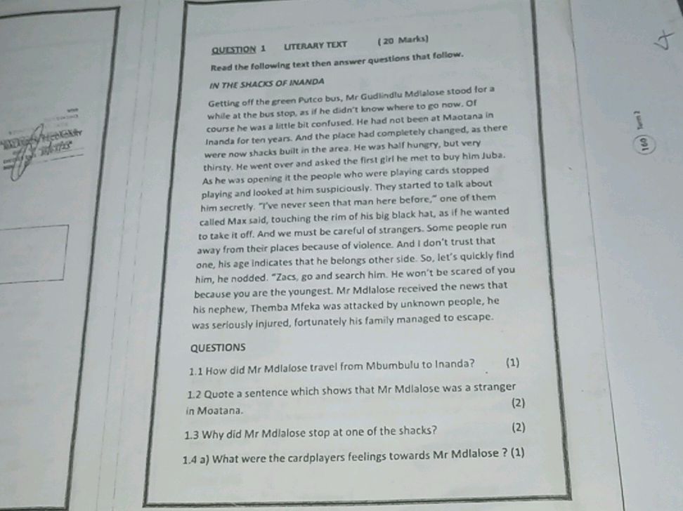 QUESTION 1 LITERARY TEXT (20 Marks) Read the | StudyX