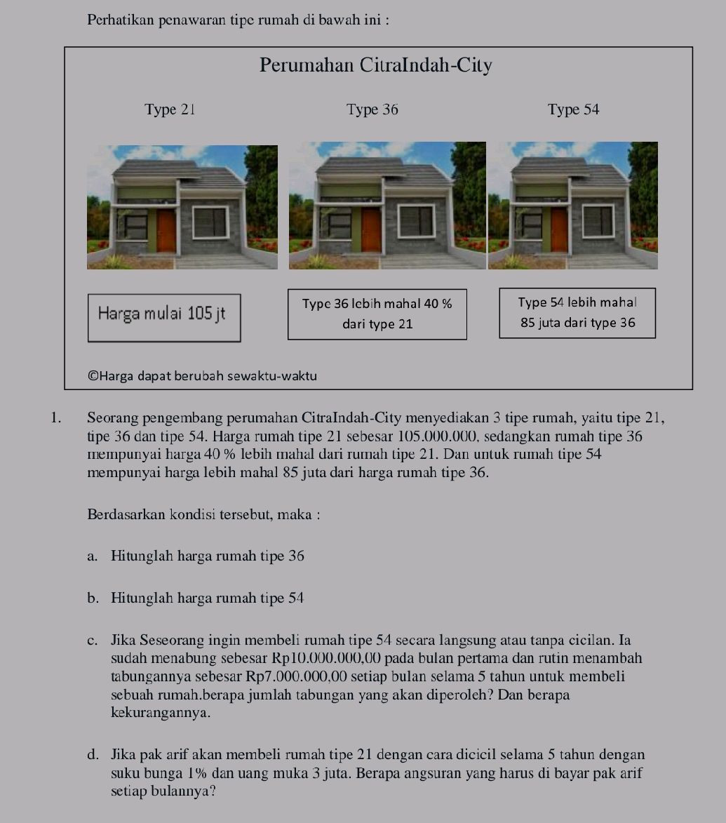 Perhatikan penawaran tipe rumah di bawah ini