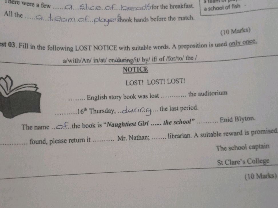 Test 03. Fill in the following LOST NOTICE | StudyX