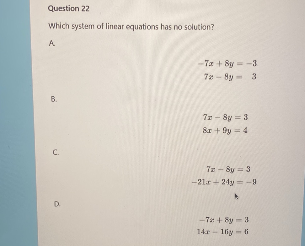 Question 22 Which system of linear equations | StudyX