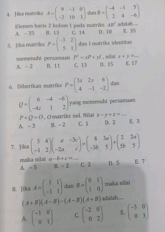 4. Jika matriks $A= 9 -1 0 -2 10 | StudyX