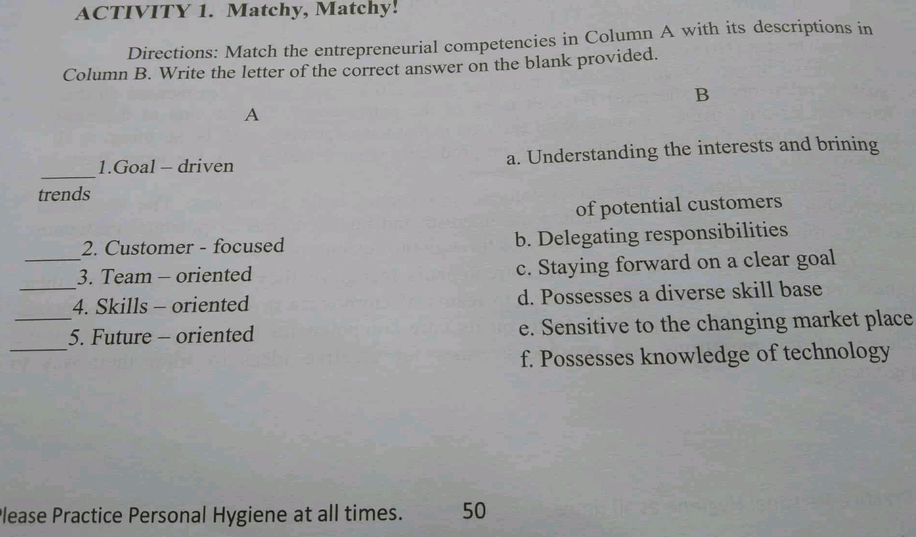 Directions: Match the entrepreneurial | StudyX