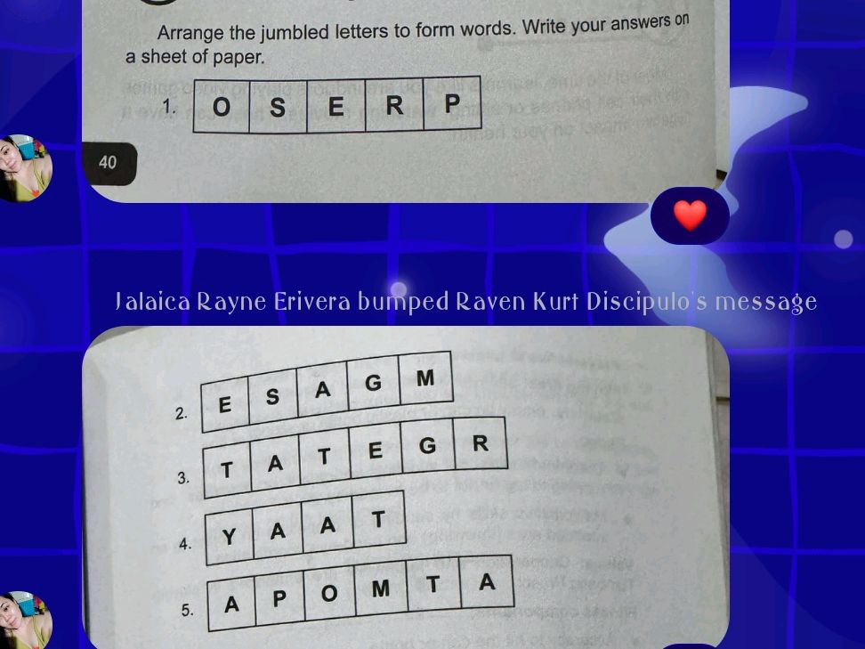 Arrange the jumbled letters to form words.