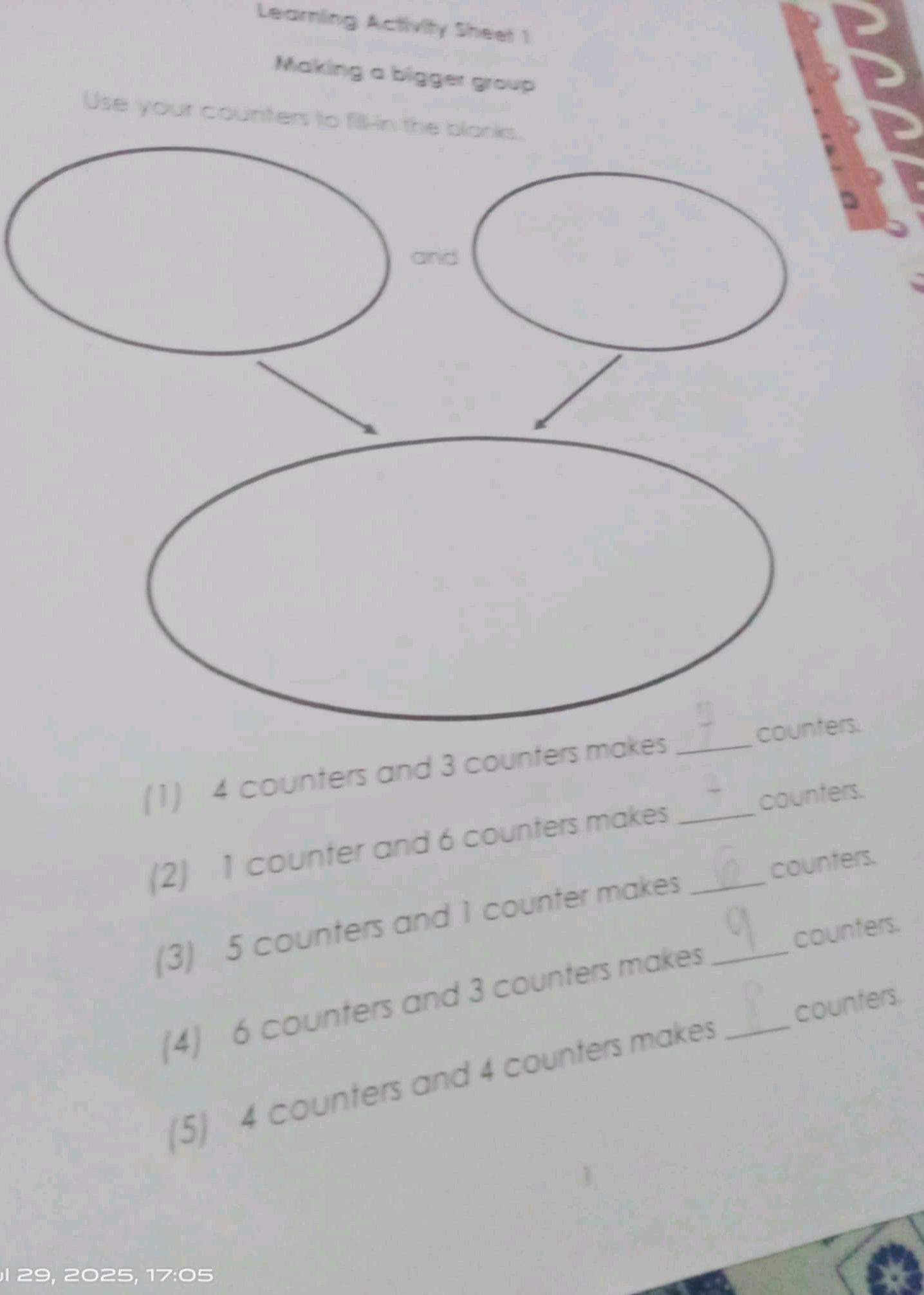 Use your counters to fill in the blanks. (1)