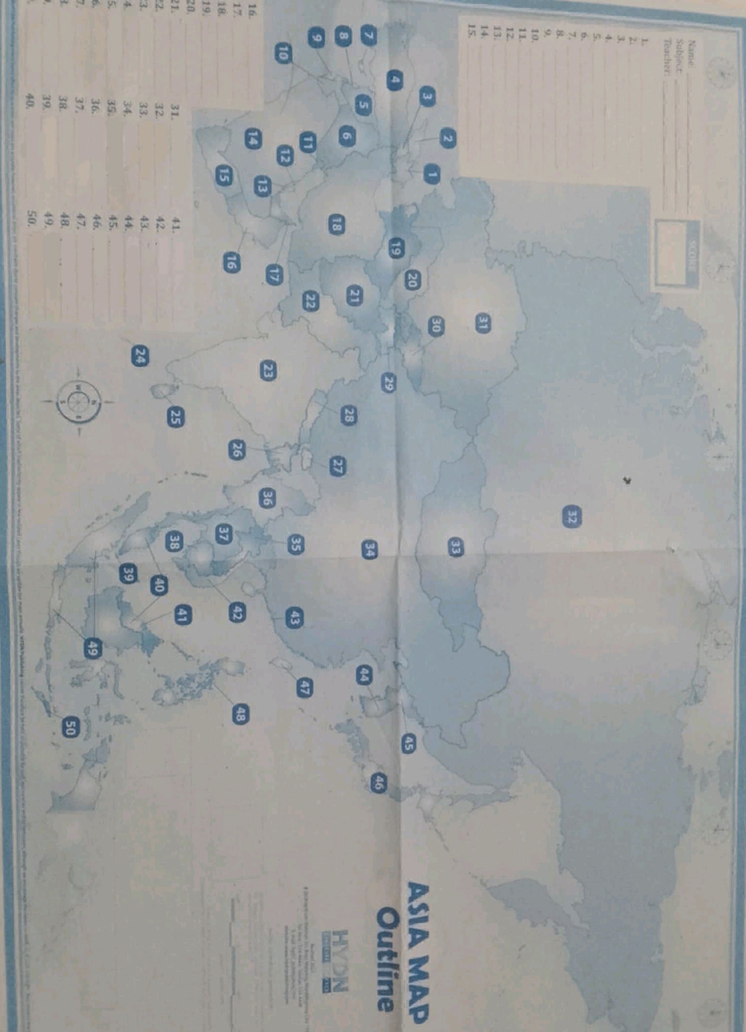 The image shows a map of Asia with numbered