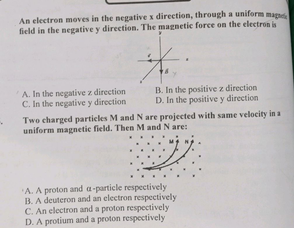 An electron moves in the negative x