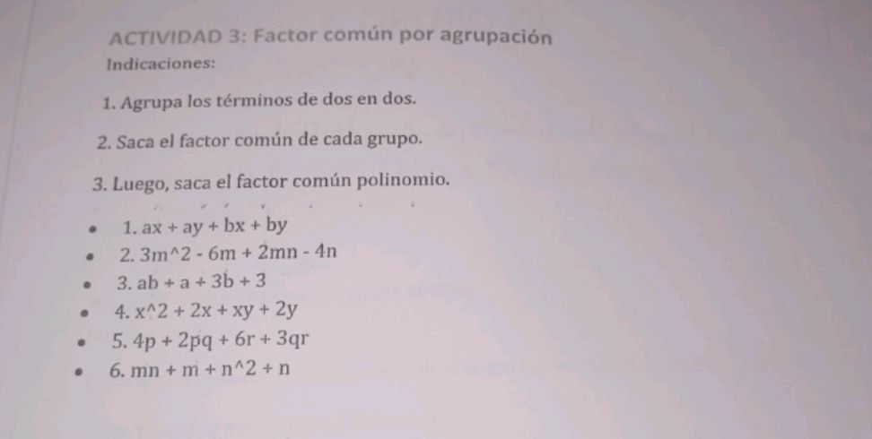 ACTIVIDAD 3: Factor común por agrupación