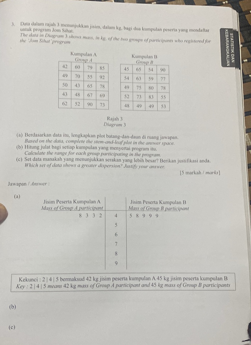 3. Data dalam rajah 3 menunjukkan jisim, | StudyX