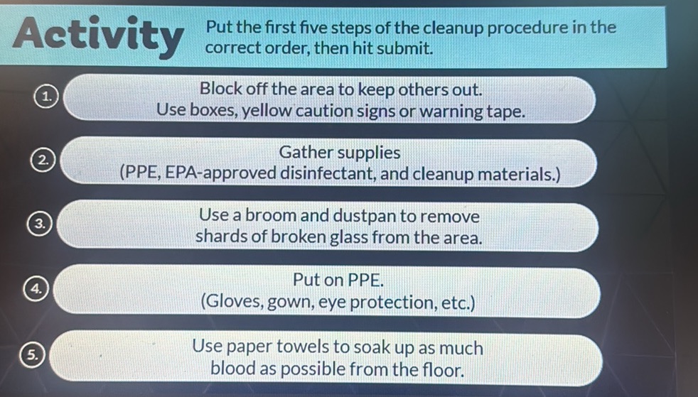 Put the first five steps of the cleanup | StudyX