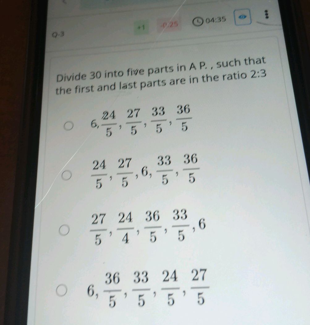 Divide 30 into five parts in A P., such that