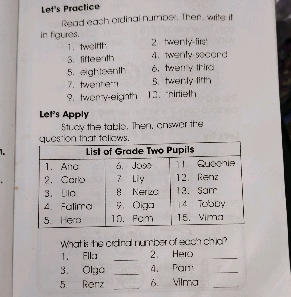 Read each ordinal number. Then, write it in