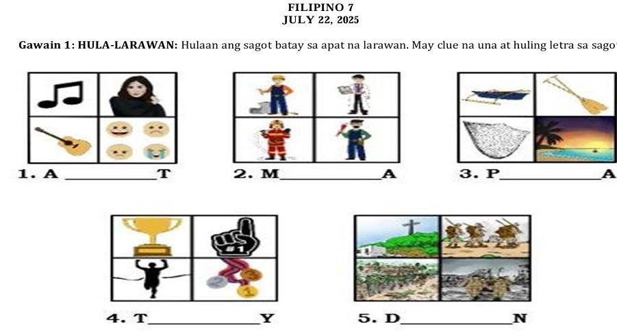 Gawain 1: HULA-LARAWAN: Hulaan ang sagot