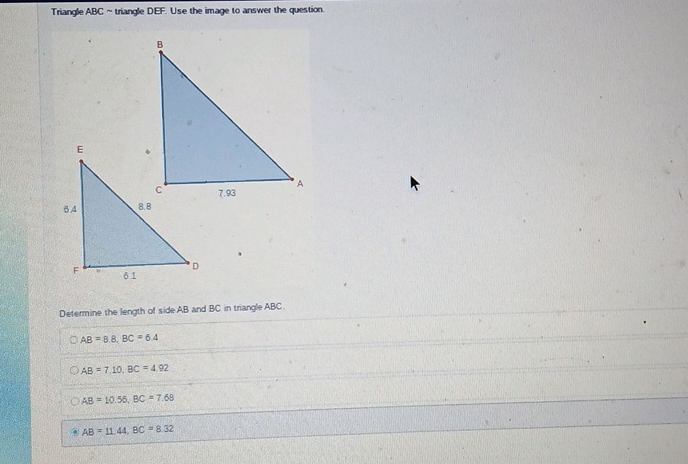 Triangle ABC ~ triangle DEF. Use the image | StudyX
