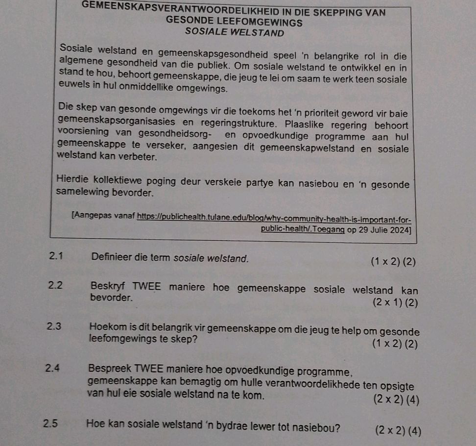 2.1 Definieer die term sosiale welstand. 2.2